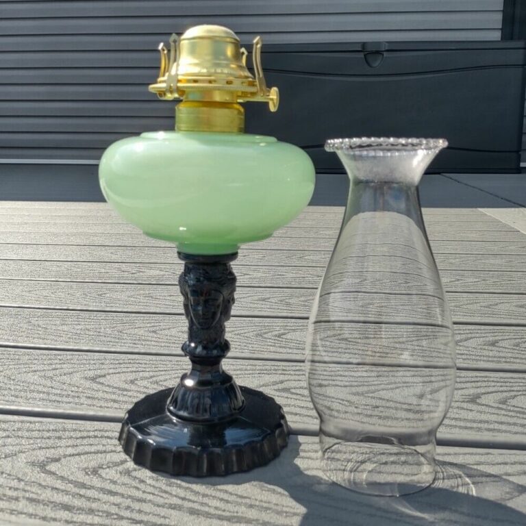 Three Face Oil Lamp Green Jadeite over Black Raspberry Glass - Imperial ...