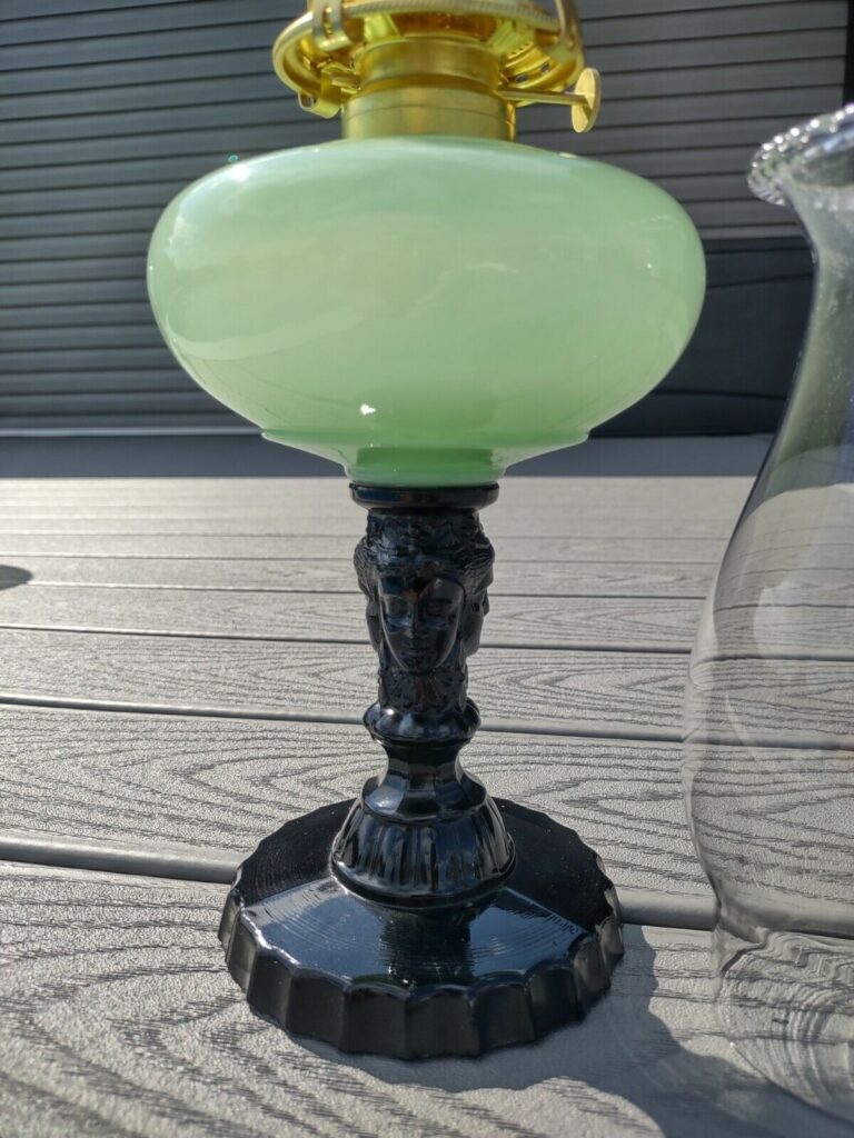 Three Face Oil Lamp Green Jadeite over Black Raspberry Glass - Imperial ...